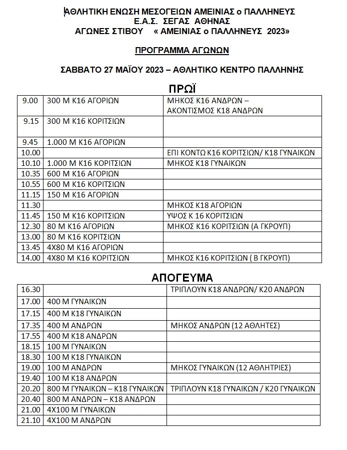Πρόγραμμα Αγώνων Στίβου "ΑΜΕΙΝΙΑΣ Ο ΠΑΛΛΗΝΕΥΣ" 2023 - Γυμναστικός ...